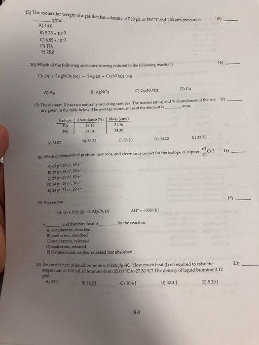 Solved 15) The molecular weight of a gas that has a density | Chegg.com