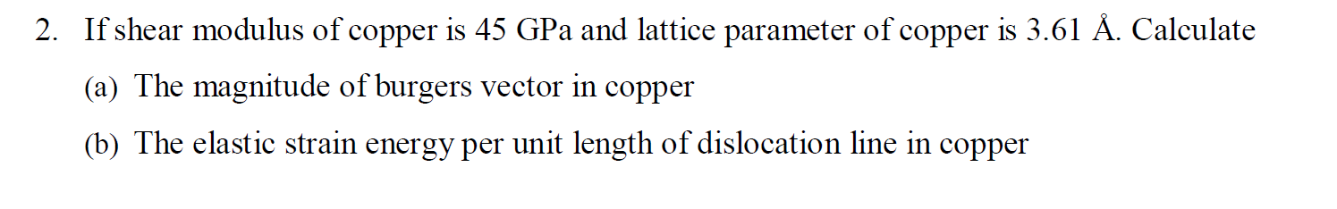 Solved 2. ﻿If shear modulus of copper is 45 ﻿GPa and lattice | Chegg.com