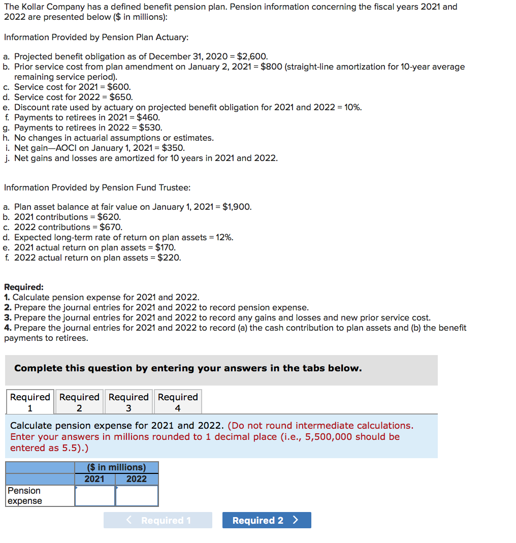 Solved Required: 1. Calculate pension expense for 2021 and | Chegg.com