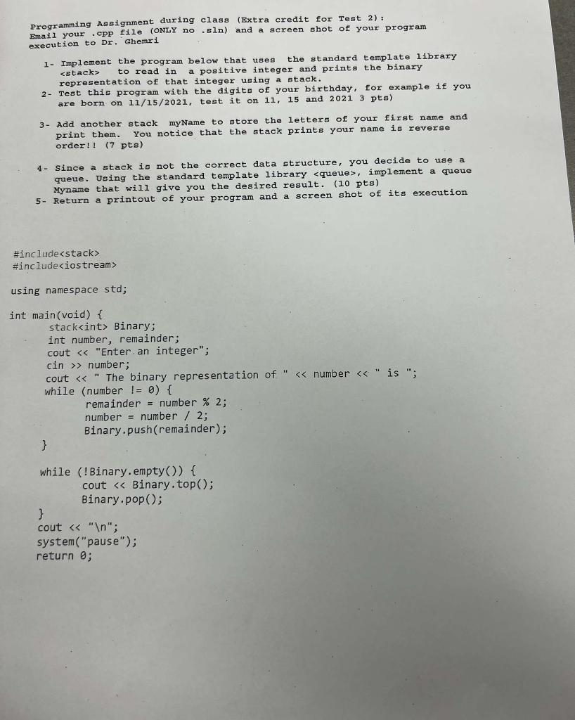 Solved Programming Assignment during class (Extra credit for | Chegg.com