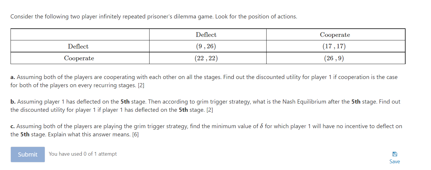 Solved Consider the following two player infinitely repeated | Chegg.com