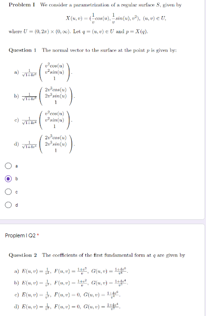 Solved Problem I We consider a parametrization of a regular | Chegg.com