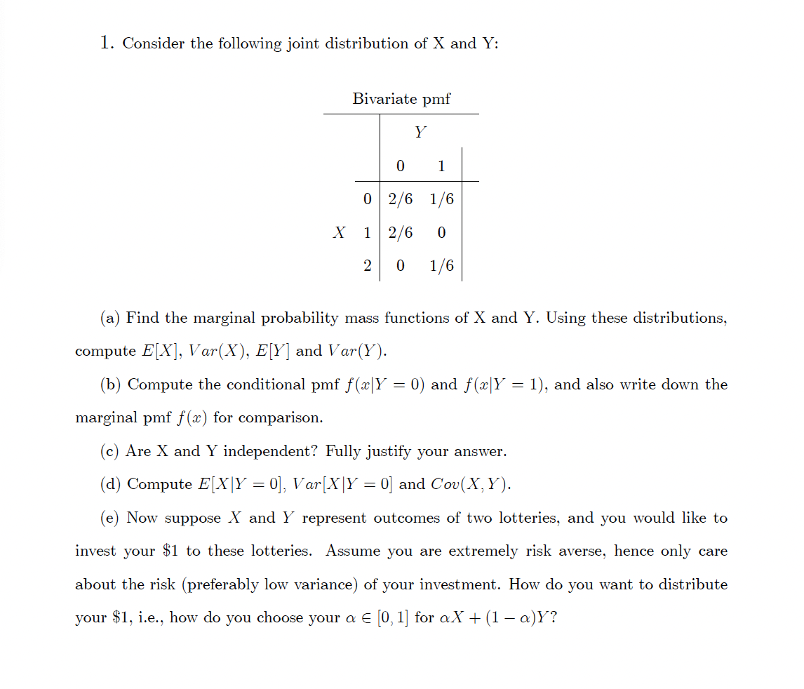 Consider the following joint distribution of x ﻿and Y | Chegg.com
