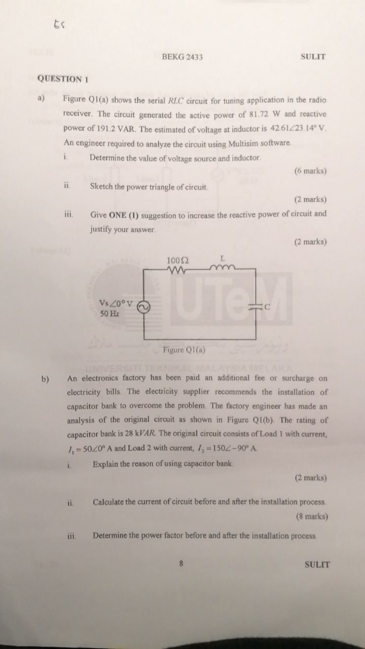 Solved QUESTION 1 a) Figure Q1(a) shows the serial RLC | Chegg.com