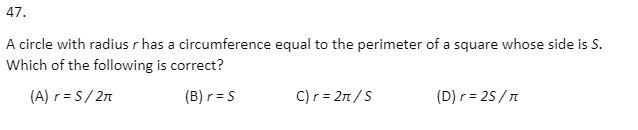 Solved A circle with radius r has a circumference equal to | Chegg.com