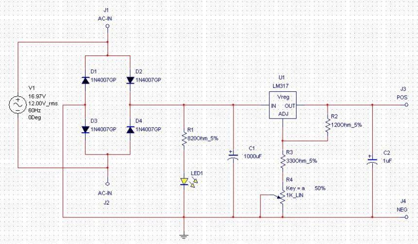 Solved J1 AC-IN D1 1N4007GP D2 1N4007GP U1 LM317 V1 J3 POS | Chegg.com