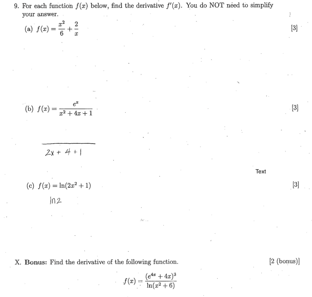 Solved 9. For each function f(x) below, find the derivative | Chegg.com