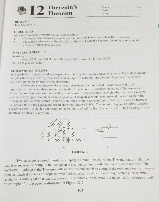 Thevenin's Theorem Name Date Class READING Text | Chegg.com