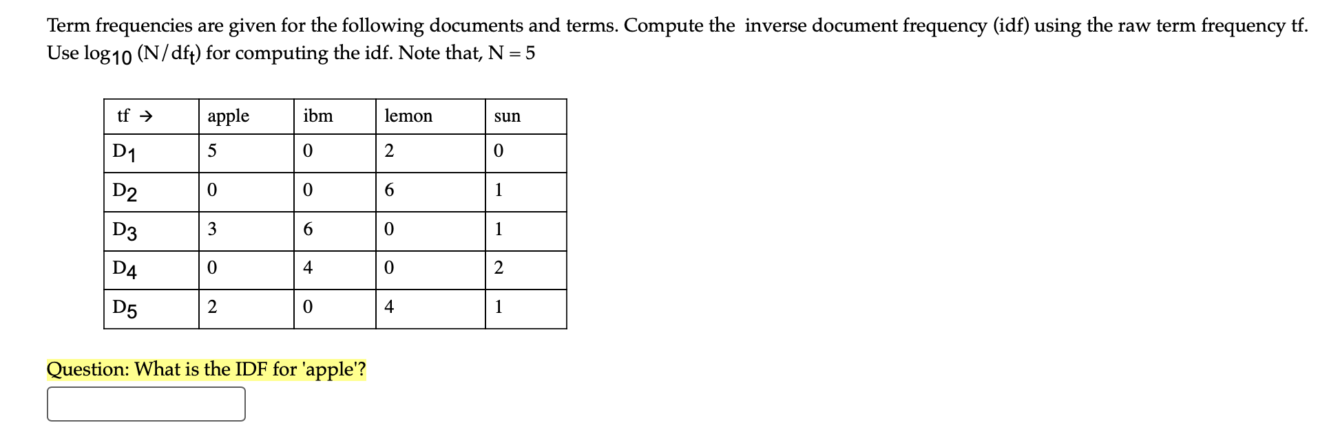 Solved Term frequencies are given for the following | Chegg.com