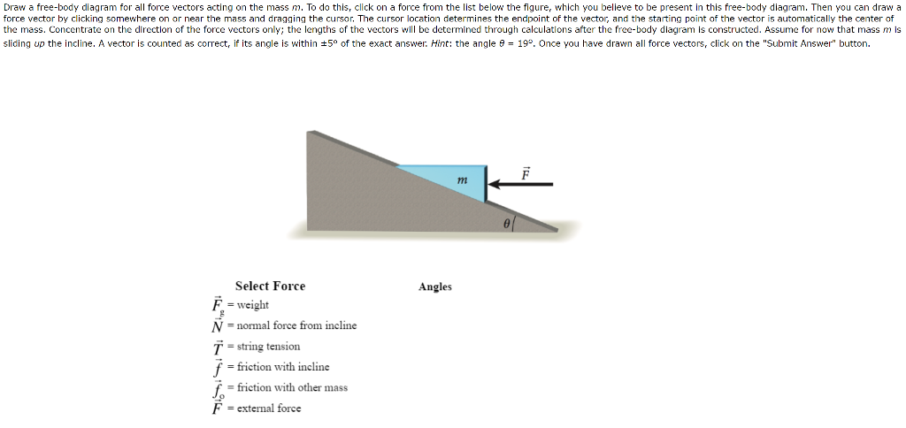 Solved Select Force Angles FgNTffoF= weight = normal force | Chegg.com
