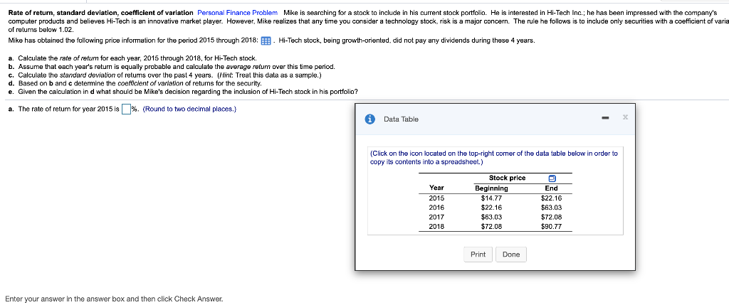 Solved Rate of return, standard deviation coefficient of | Chegg.com