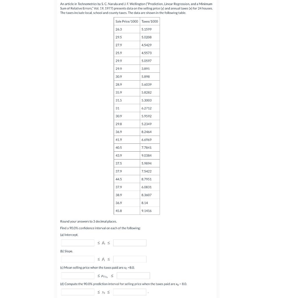 Solved An article in Technometrics by S. C. Narula and J. F. | Chegg.com