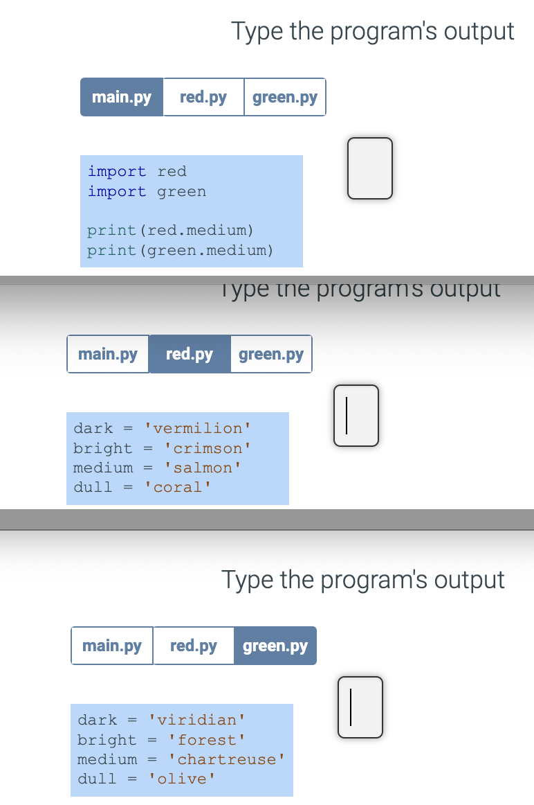 Solved Iype tne programs outputmain.pyred.pygreen.py ﻿dark = | Chegg.com