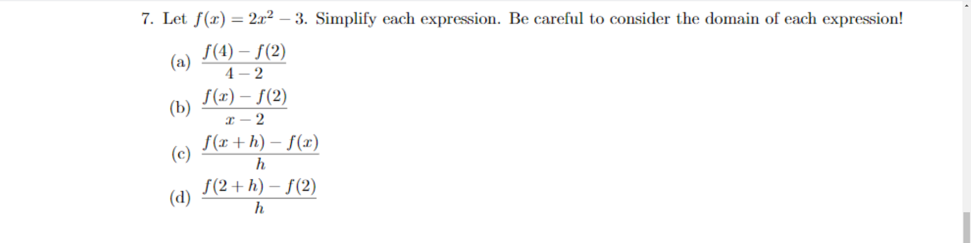 Solved 7. Let f(x) = 2x2 – 3. Simplify each expression. Be | Chegg.com
