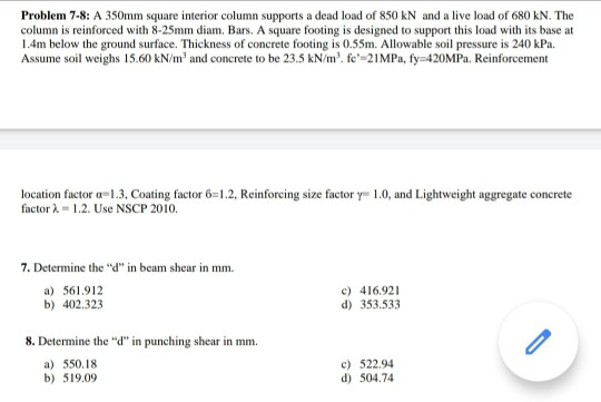 Solved Problem 7-8: A 350mm square interior column supports | Chegg.com