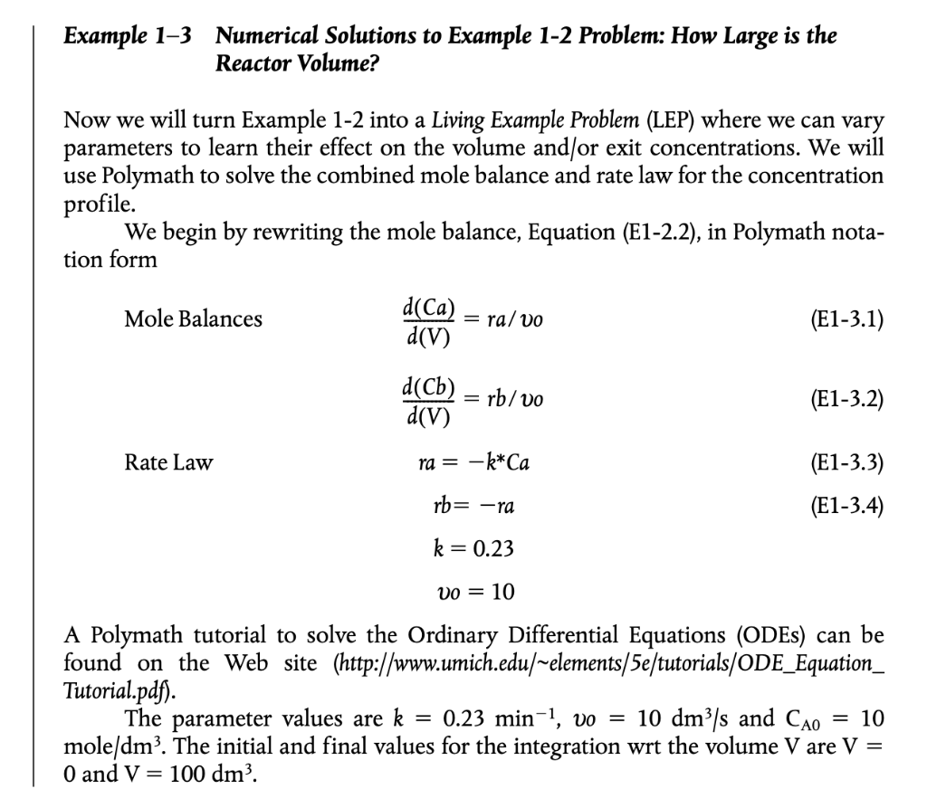 Example 1-2 How Large Is the Reactor Volume? Consider | Chegg.com