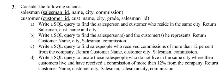 Solved 3. Consider the following schema salesman (salesman | Chegg.com