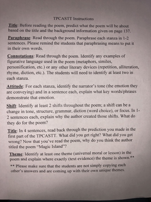 TPCASTT Instructions Title: Before reading the poem, | Chegg.com