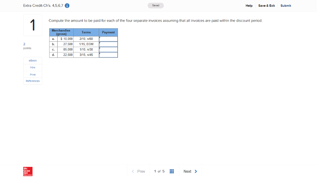 Solved Extra Credit-Ch's. 4,5.6,7 6 Saved Help Save& Exit | Chegg.com
