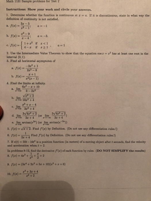 Solved Math 1131 Sample problems for Test 2 Instructions: | Chegg.com