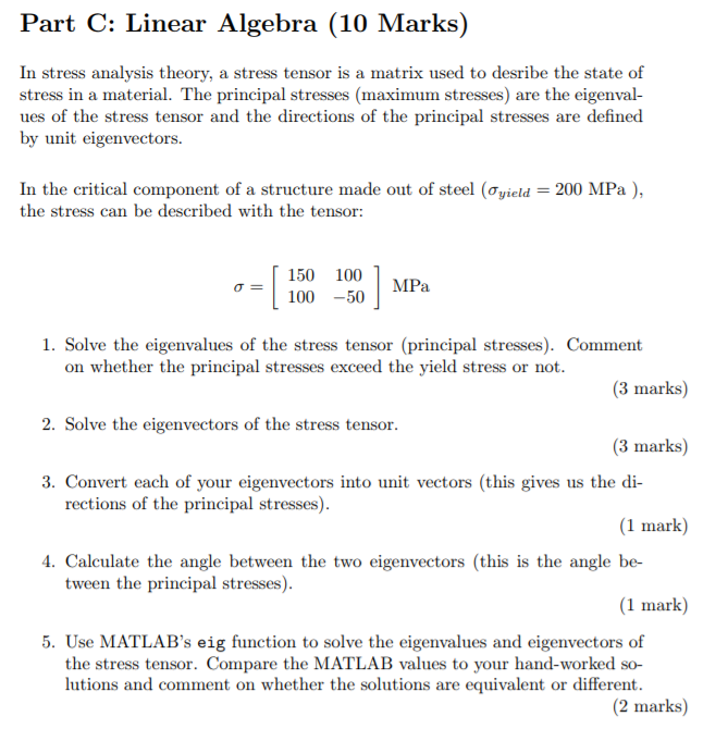 Solved Part C: Linear Algebra (10 Marks) In stress analysis | Chegg.com