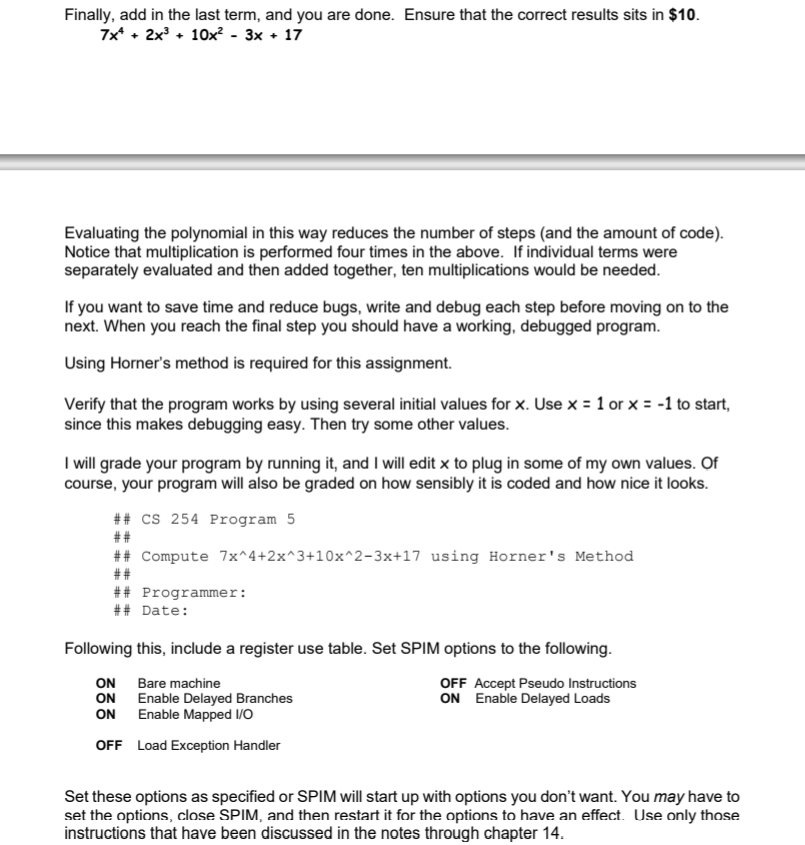 CS 254 PROGRAMMING ASSIGNMENT #5 Horner's Method | Chegg.com