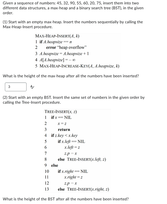 Solved Given a sequence of numbers: 45,32,90,55,60,20,75, | Chegg.com