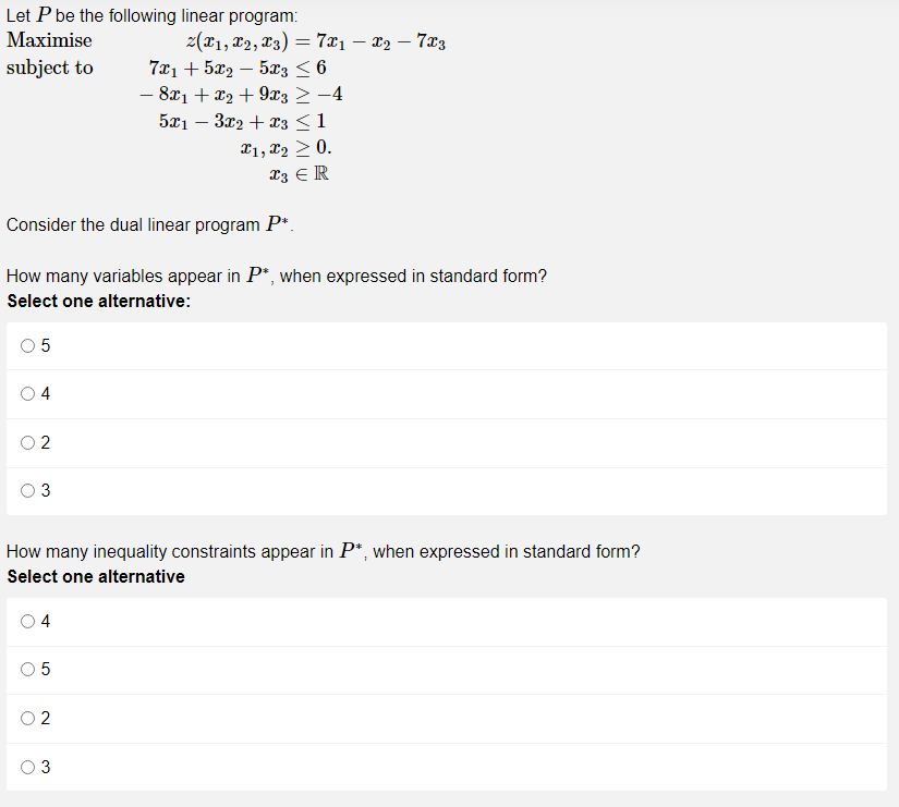Solved Let P be the following linear program: subject to | Chegg.com