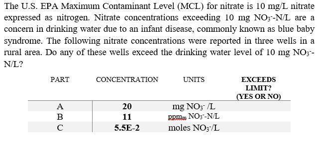 Solved The U.S. EPA Maximum Contaminant Level (MCL) for | Chegg.com
