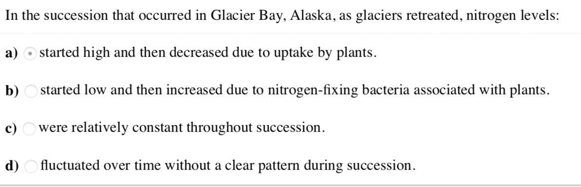 Solved In the succession that occurred in Glacier Bay, | Chegg.com
