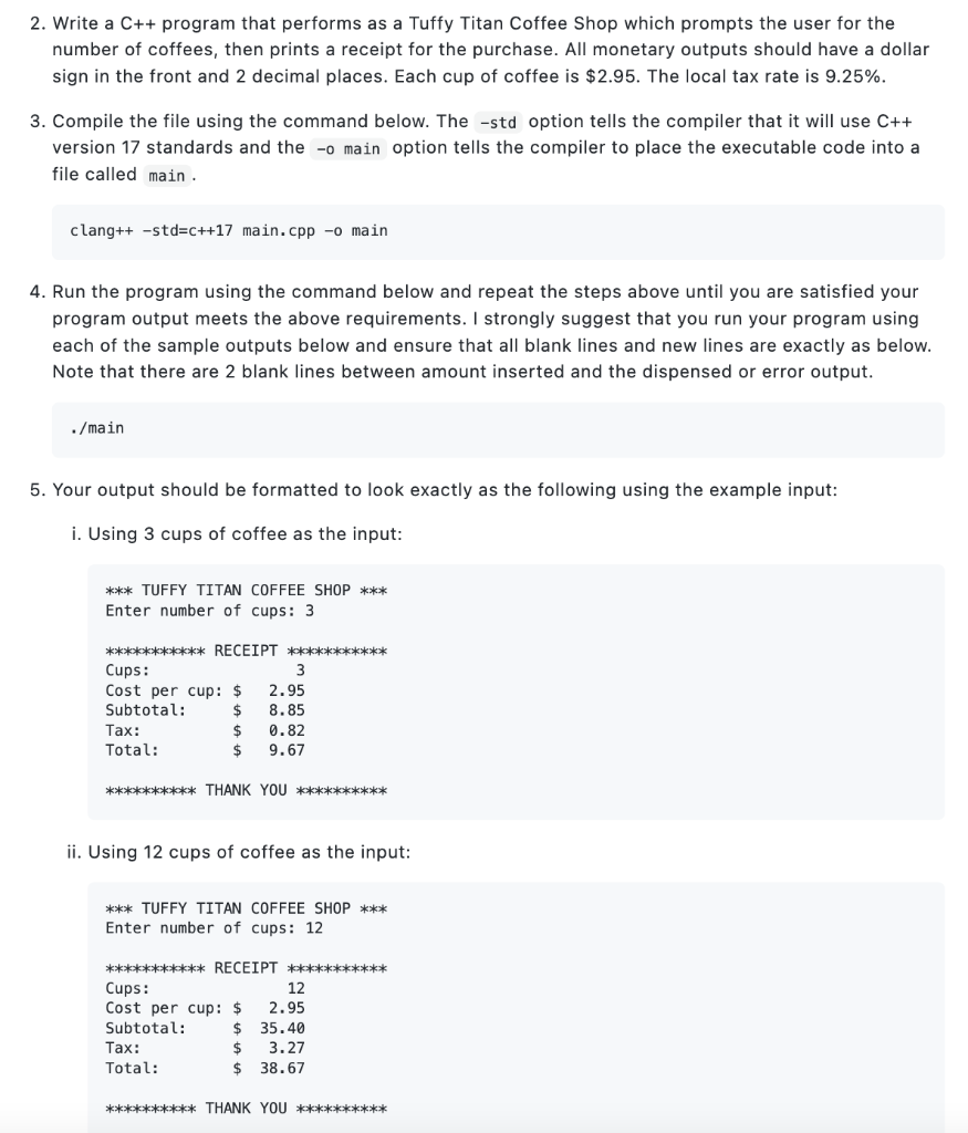 Solved 2. Write a C++ program that performs as a Tuffy Titan | Chegg.com