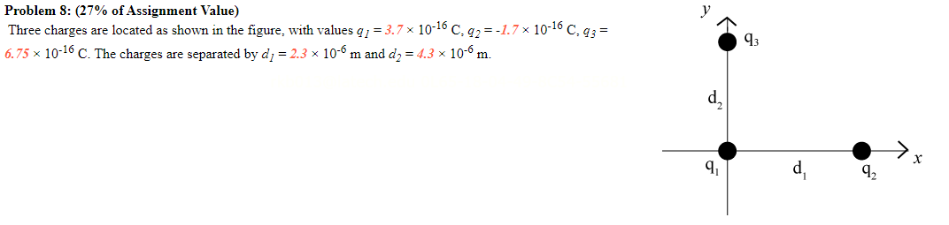Solved Problem 8: ( 27% ﻿of Assignment Value)Three charges | Chegg.com