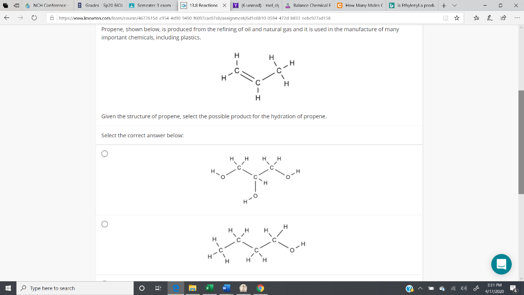 Solved Propene, shown below, is produced from the refining | Chegg.com