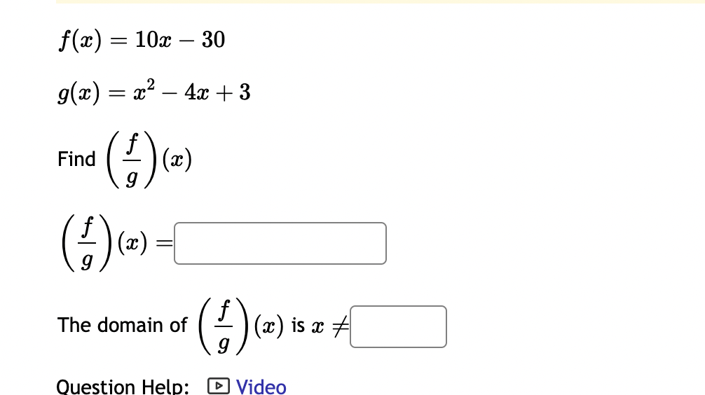 Solved f(x)=10x−30g(x)=x2−4x+3 Find (gf)(x)(gf)(x)= The | Chegg.com