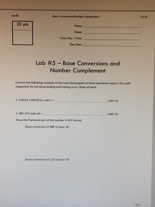 Solved Lab 85 Base Conversions/Number Complement CS 1A 30 | Chegg.com