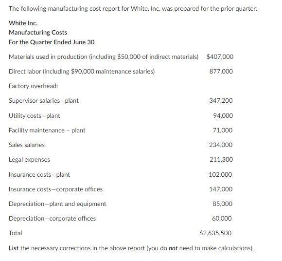 Solved The following manufacturing cost report for White, | Chegg.com