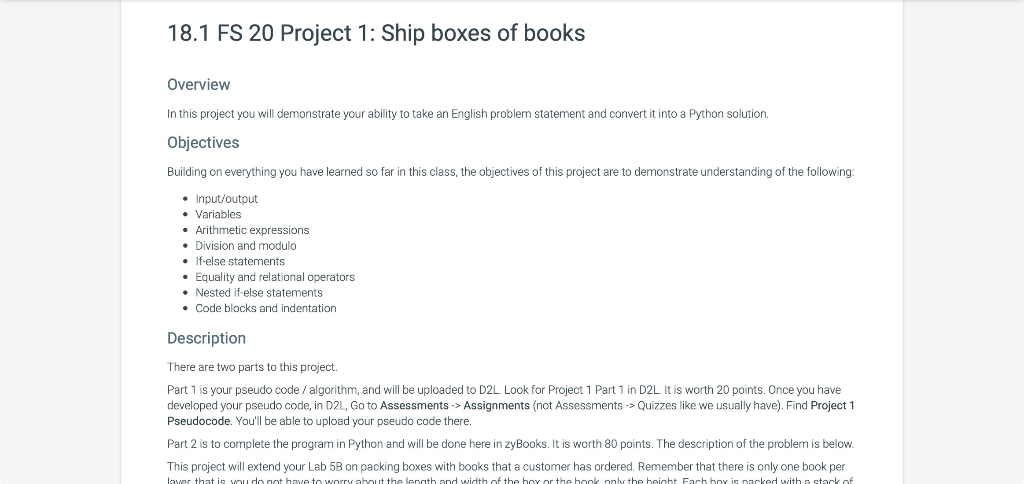 18.1 FS 20 Project 1: Ship boxes of books Overview In | Chegg.com