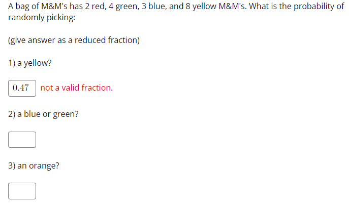 Solved A bag of M&M's has 2 ﻿red, 4 ﻿green, 3 ﻿blue, and 8 | Chegg.com