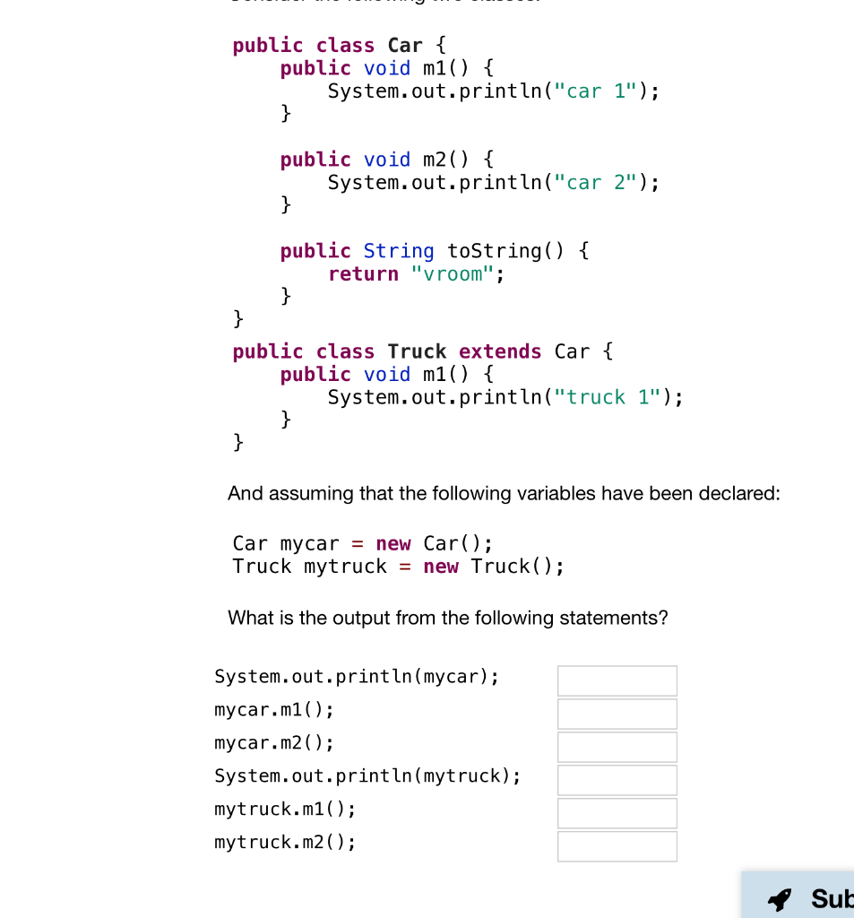 Solved public class Car { public void m1() { | Chegg.com