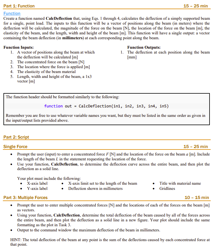 Solved Function Create a function named CalcDeflection that, | Chegg.com