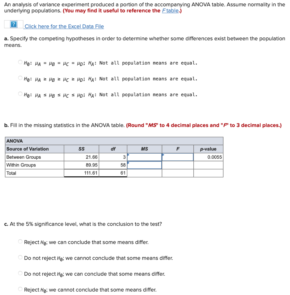 Solved An analysis of variance experiment produced a portion | Chegg.com