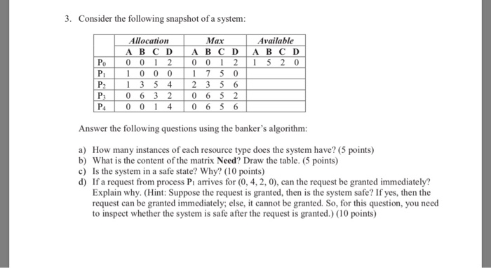 Solved 3 Consider The Following Snapshot Of A System