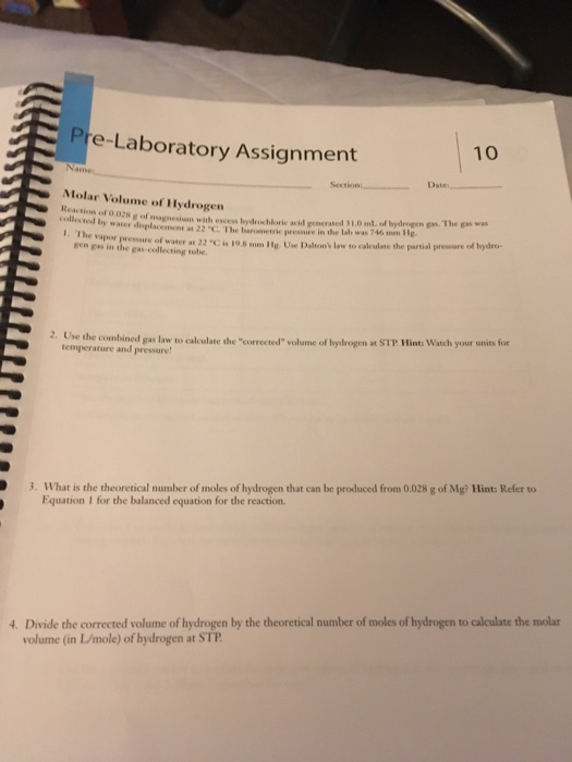 Solved Pre-Laboratory Assignment 10 Section Molar Volurne of | Chegg.com