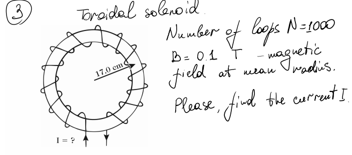 Solved 3 Toroidal solenoid Number of loops N=1000 field at | Chegg.com