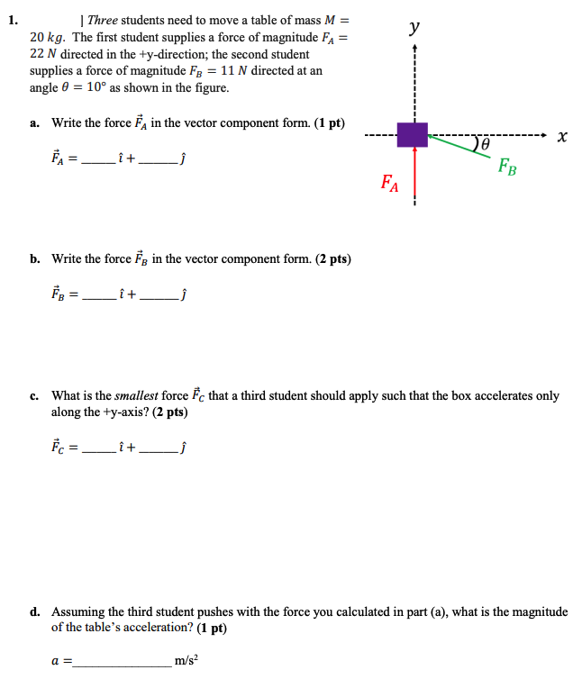 Solved 1. у Three students need to move a table of mass M = | Chegg.com