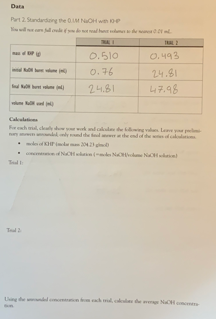 Solved Data Part 2. Standardizing the 0.IM NaOH with KHP You | Chegg.com