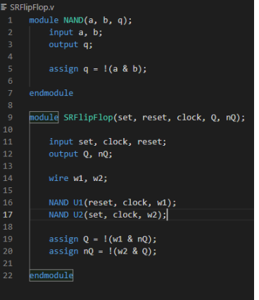Solved SRFlipFlop.v 1 module NAND(a, b, q); 2 input a, b; 3 | Chegg.com