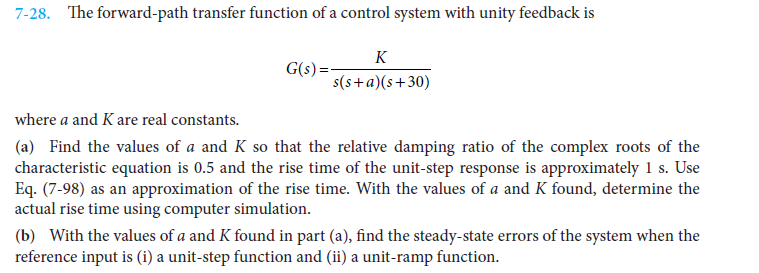 Solved 7-28. The forward-path transfer function of a control | Chegg.com