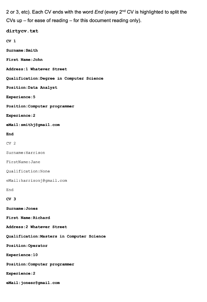 Solved 2 or 3, etc). Each CV ends with the word End (every | Chegg.com
