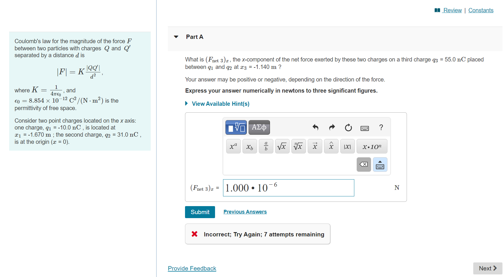 Solved Review Constants Part A Coulomb's law for the | Chegg.com